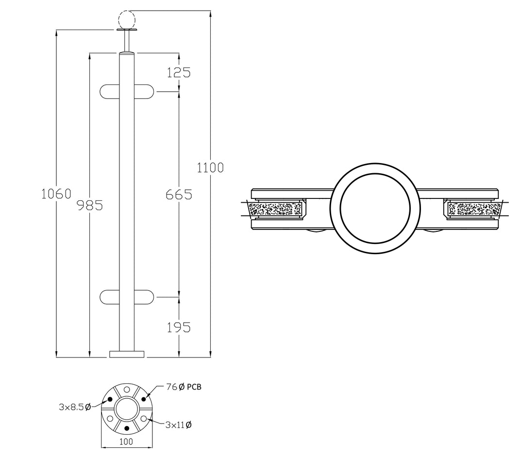 Centre Post for Glass Balustrade Handrail System, 316 Stainless Steel